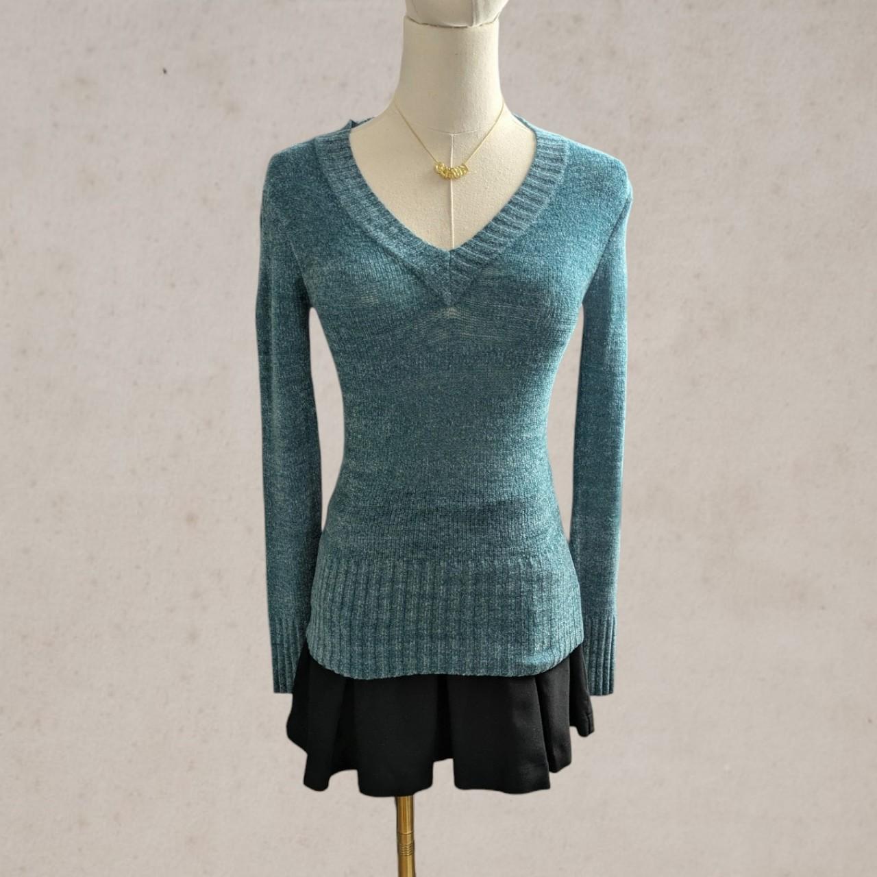 So Sweater Fuzzy turquoise burnout v neck sweater.... | Depop