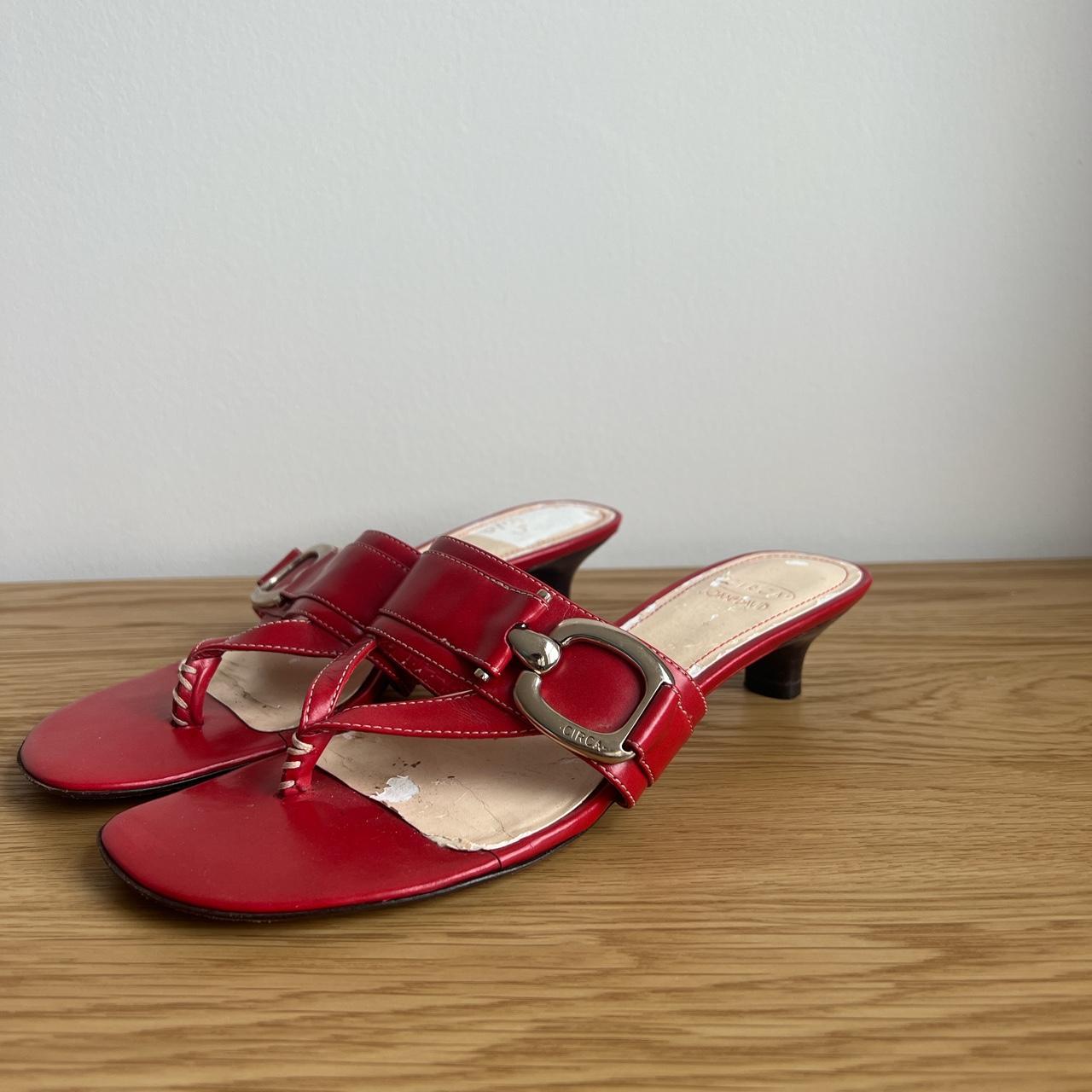 Vintage red open toed kitten heels with buckle, the... - Depop