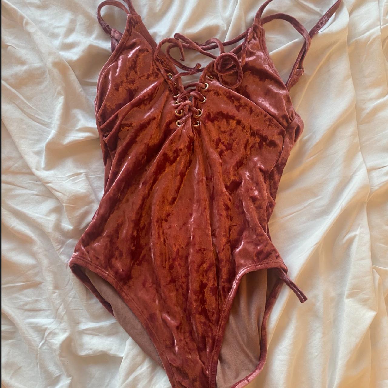 Dusty Rose Pink Velvet Swimsuit/Bodysuit lace... - Depop