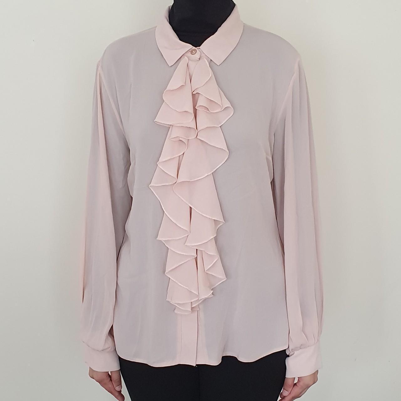 Womens Pink Ruffle Front Long Sleeve Button Up Work... - Depop