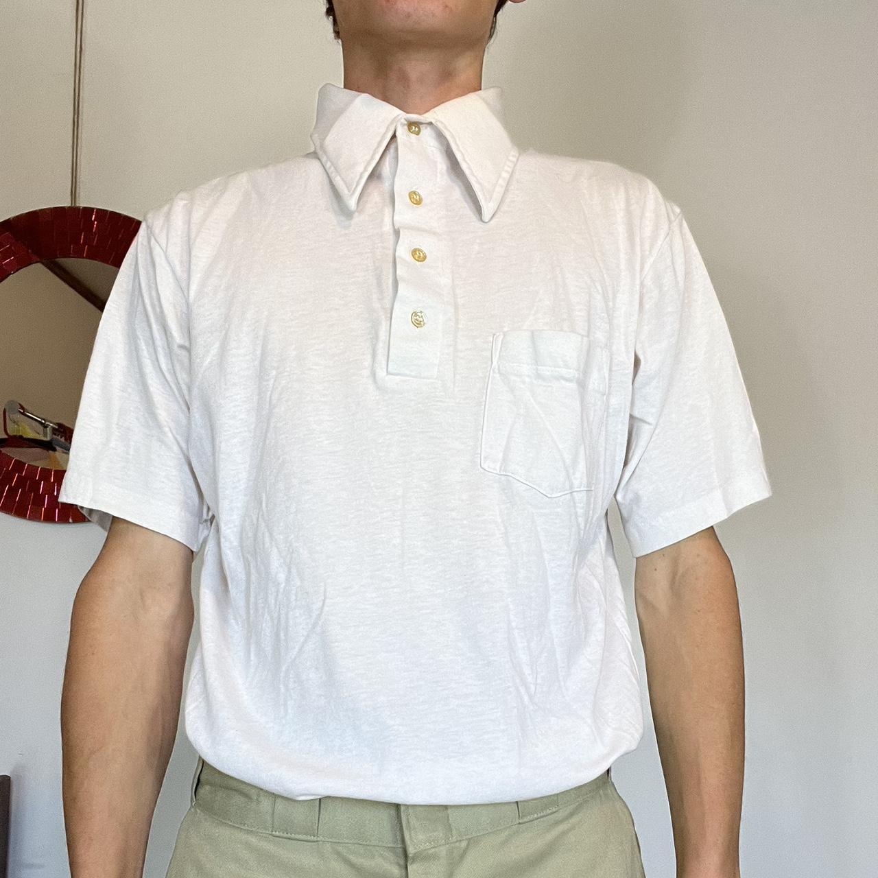 70s vintage dagger collar polo White poly cotton... - Depop