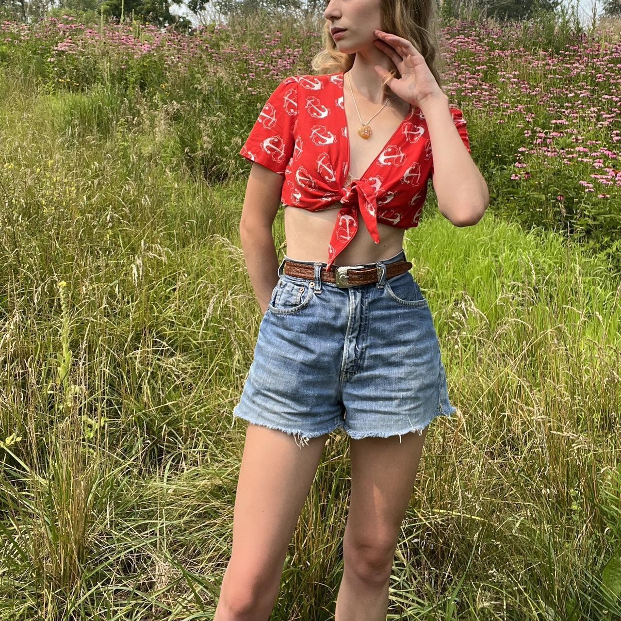 70s vintage red anchor print tie front top Double... - Depop