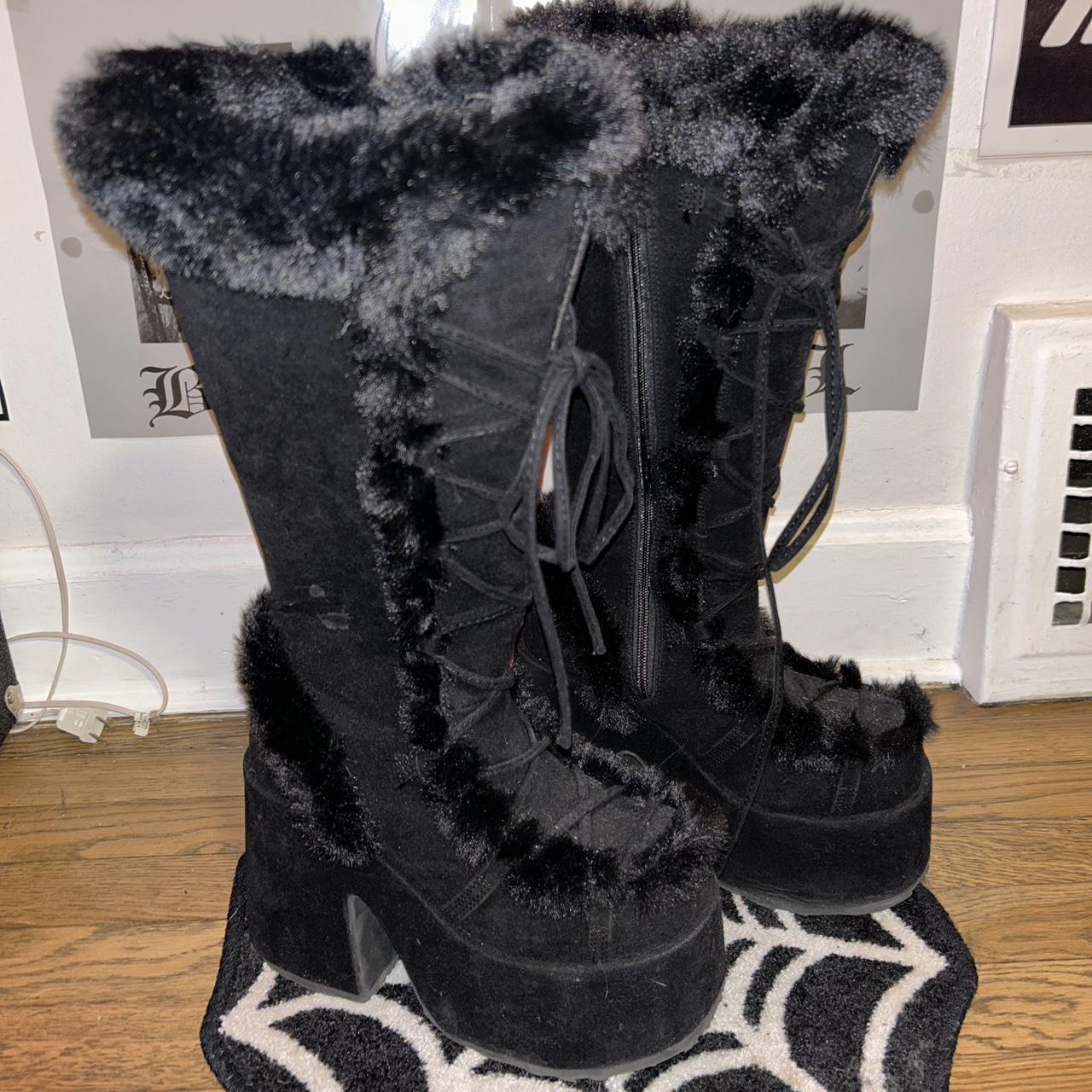 CAMEL-311 Faux Fur Demonia Boots (9) -Worn once and... - Depop
