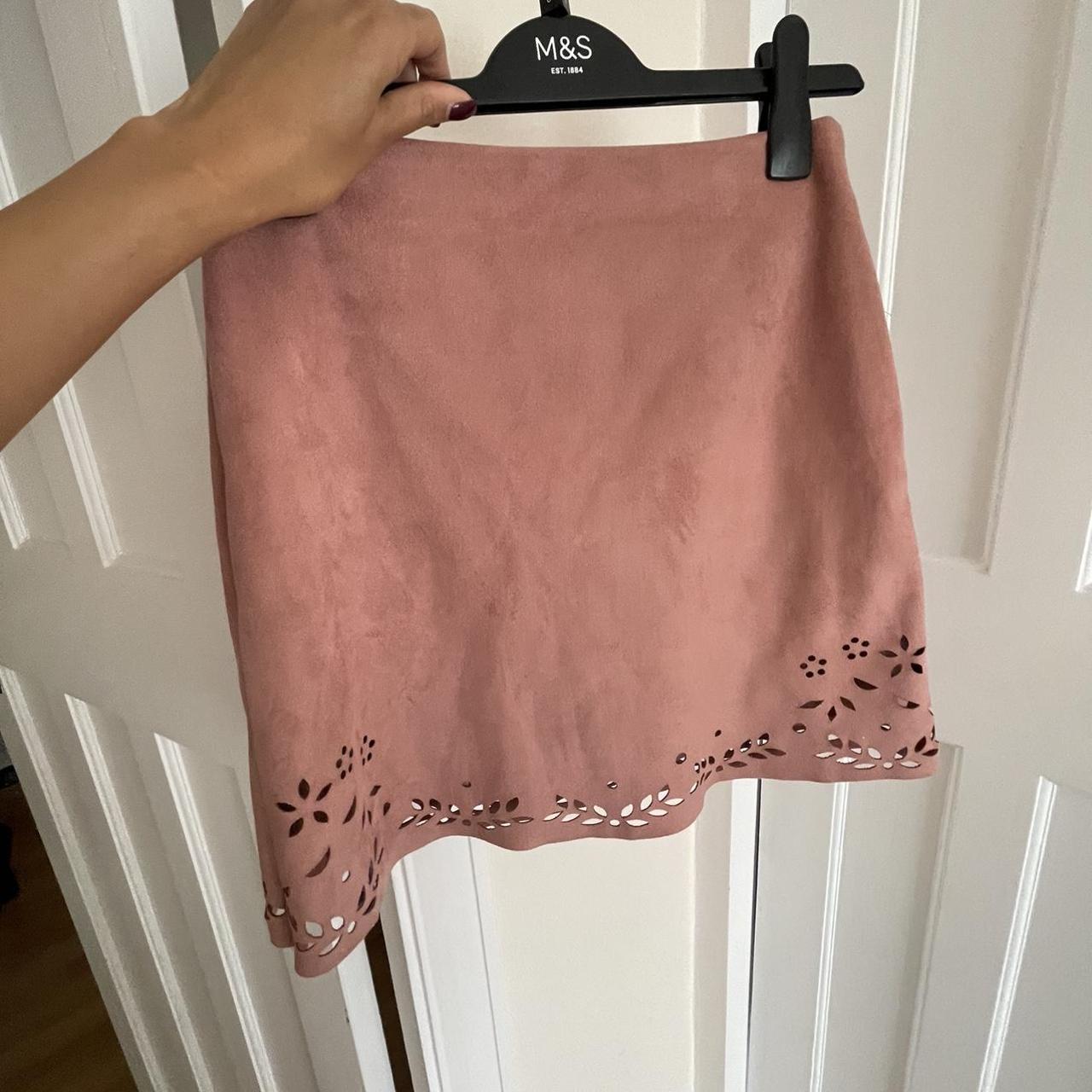 Primark pink faux suede mini skirt with cut outs - Depop