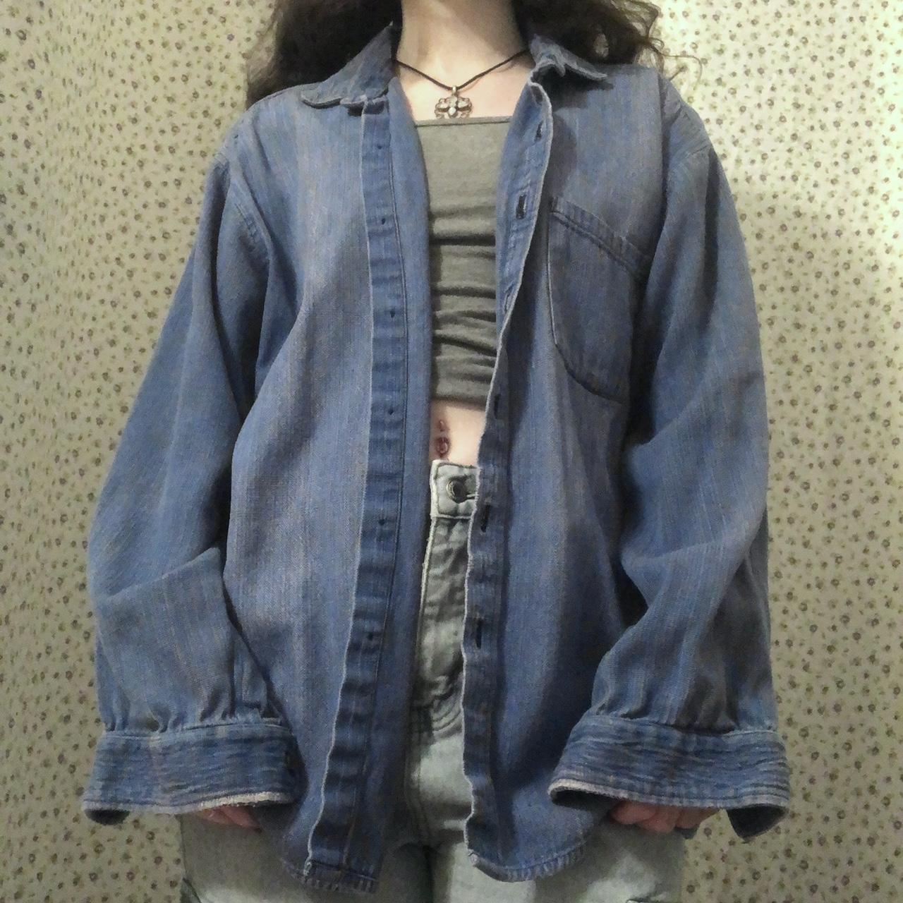 Blue oversized button up top, handwoven material,... - Depop