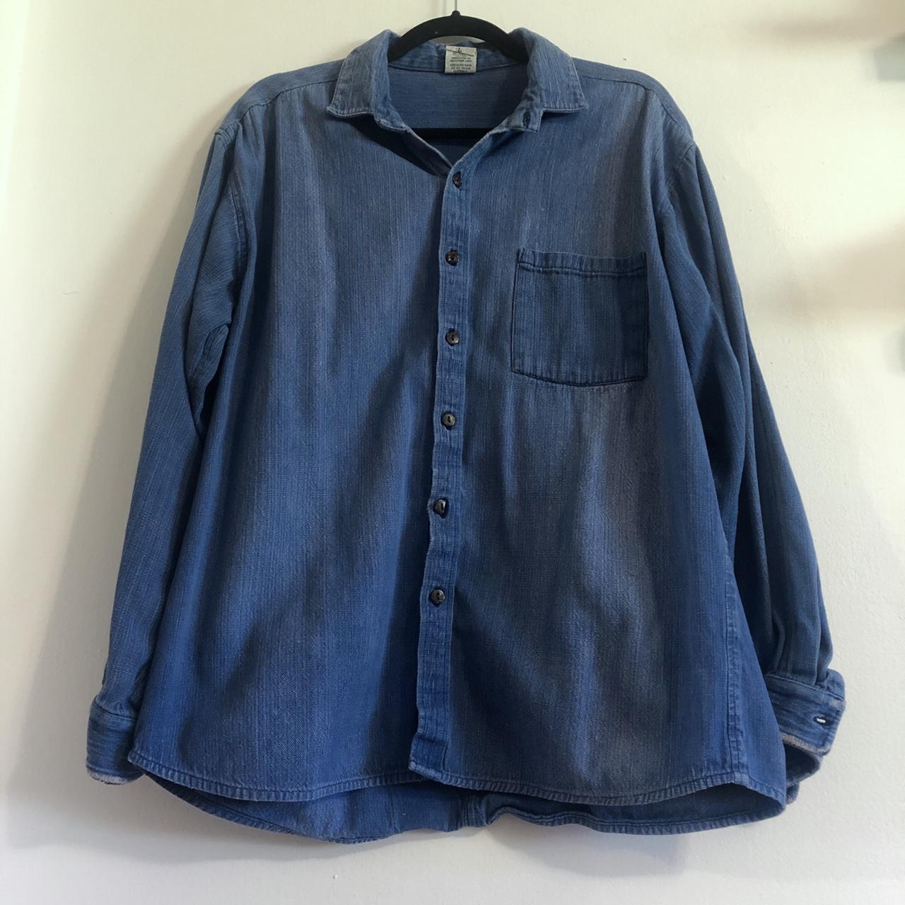 Blue oversized button up top, handwoven material,... - Depop