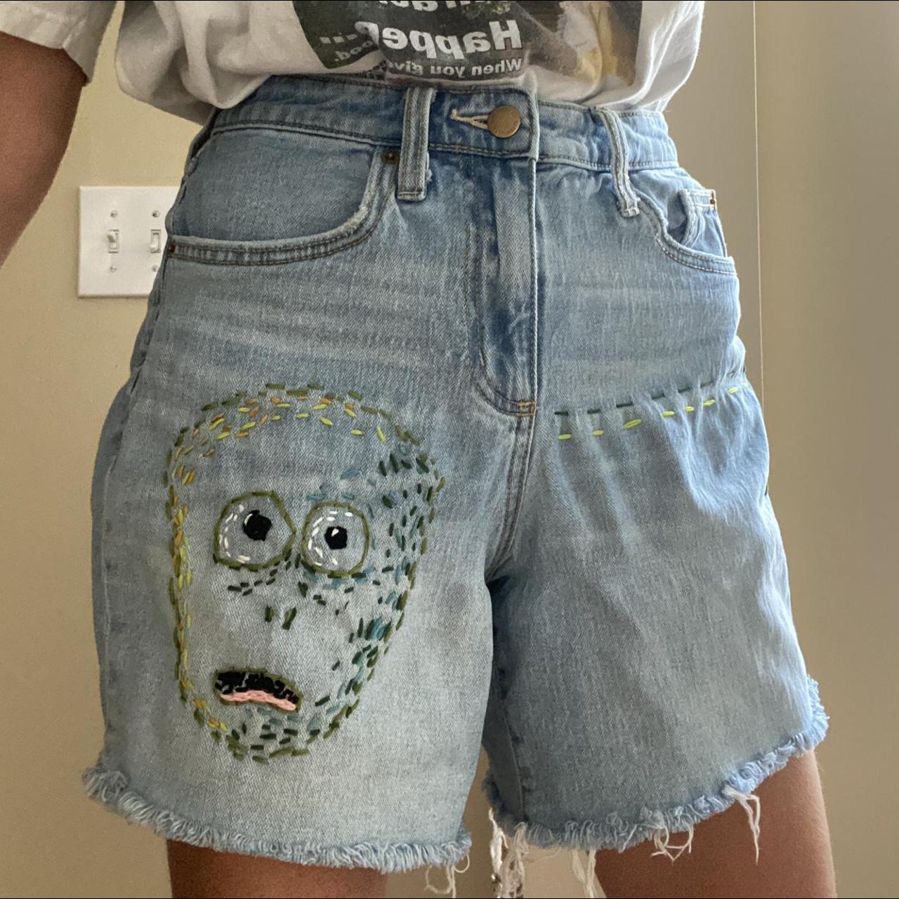 Funky Alien hand-embroidered Jean shorts ♻️ One of a... - Depop