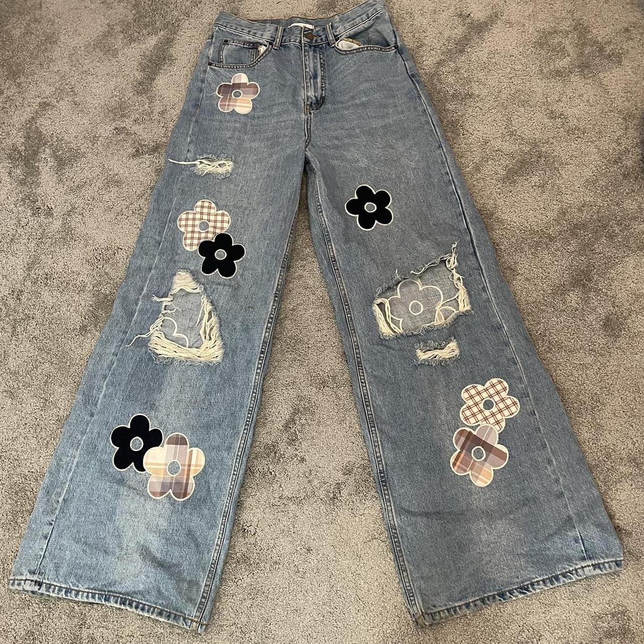 baggy urban outfitters flower patch jeans wide... - Depop