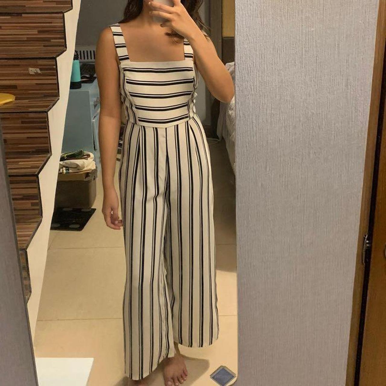 Dotti Jumpsuit Black & White stripe Size 10 Worn... - Depop