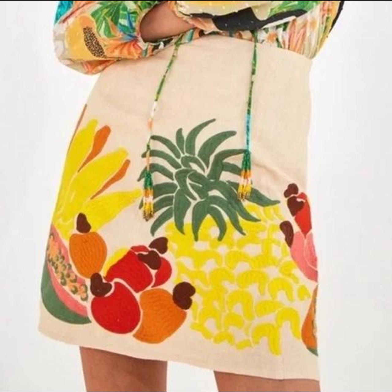 Farm Rio | Embroidered Fruit Linen Mini Skirt Size... - Depop