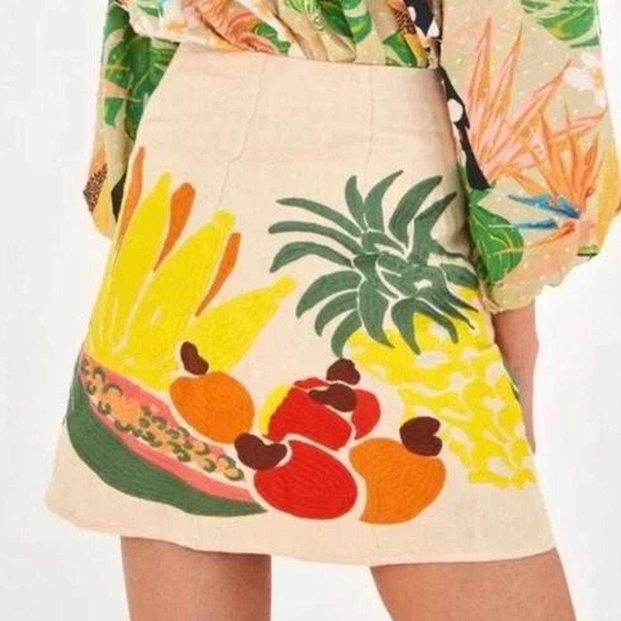 Farm Rio | Embroidered Fruit Linen Mini Skirt Size... - Depop