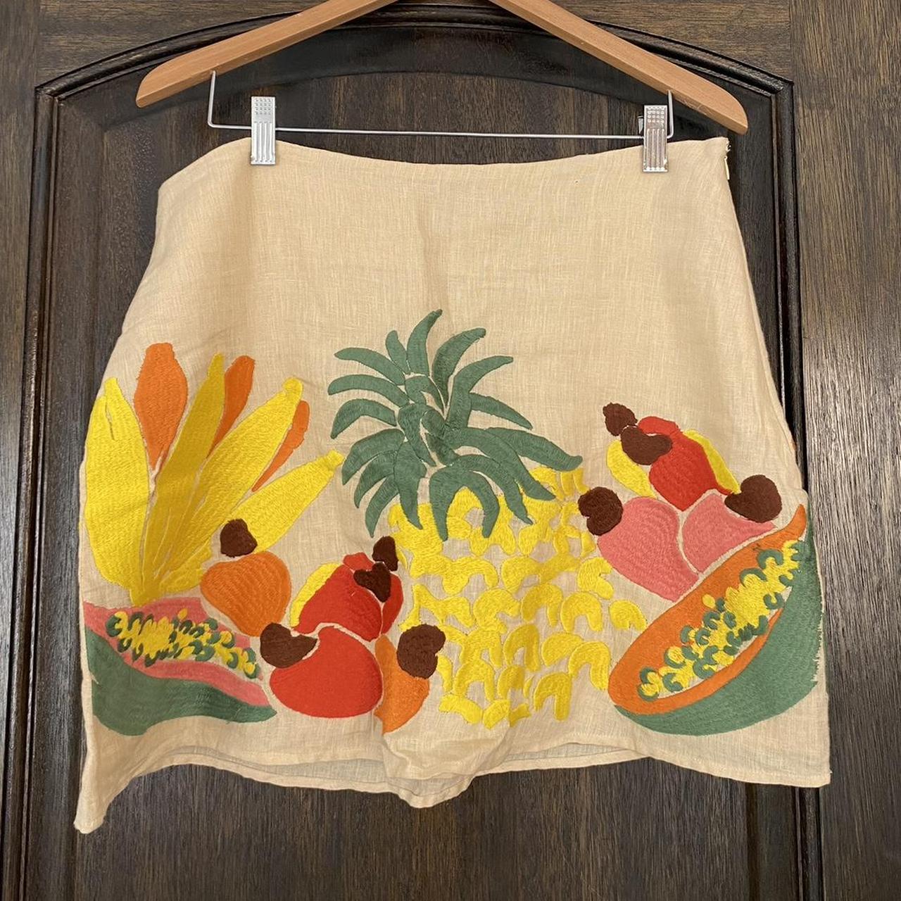 Farm Rio | Embroidered Fruit Linen Mini Skirt Size... - Depop