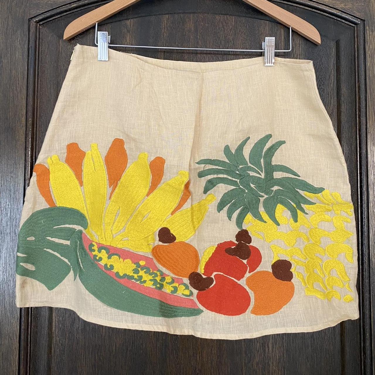 Farm Rio | Embroidered Fruit Linen Mini Skirt Size... - Depop