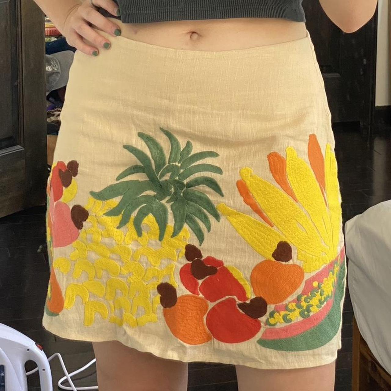 Farm Rio | Embroidered Fruit Linen Mini Skirt Size... - Depop