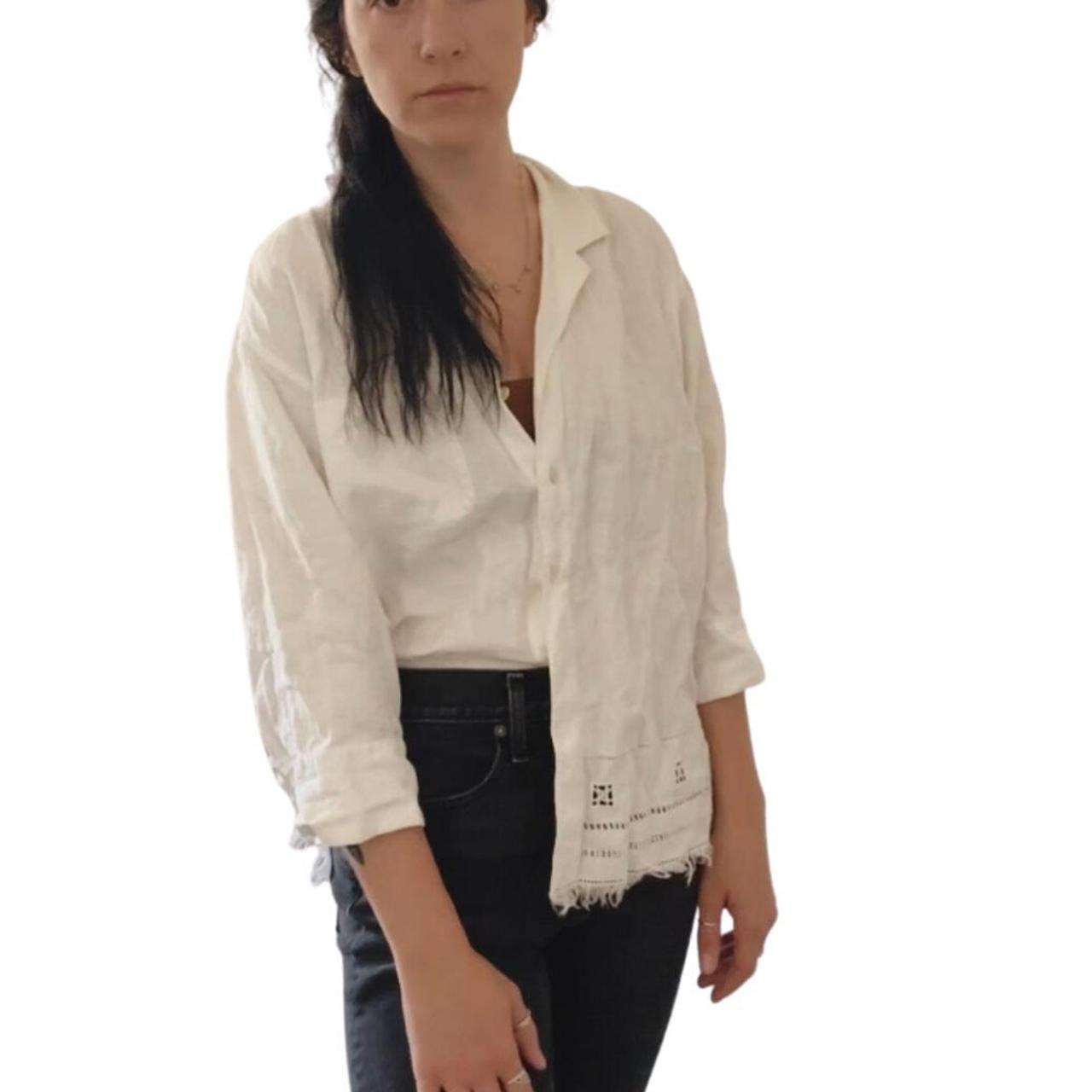white linen button up with lace and cropped sleeves.... - Depop