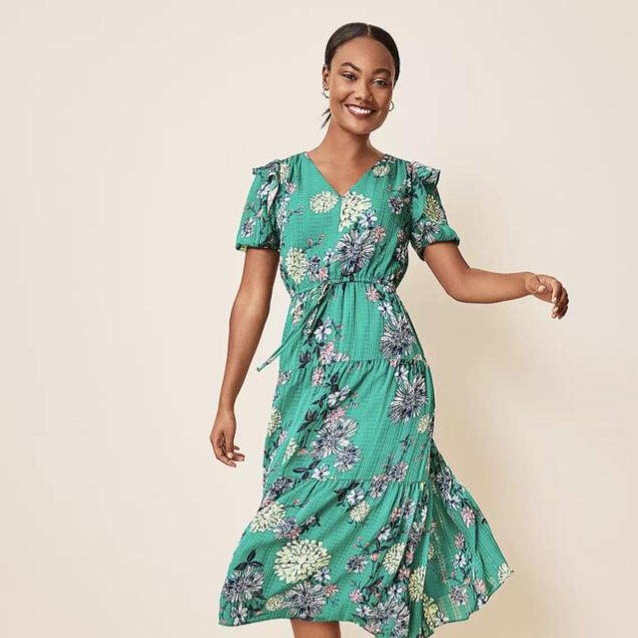 Loft Petite Floral Ruffle V-Neck Midi Dress Size XS... - Depop