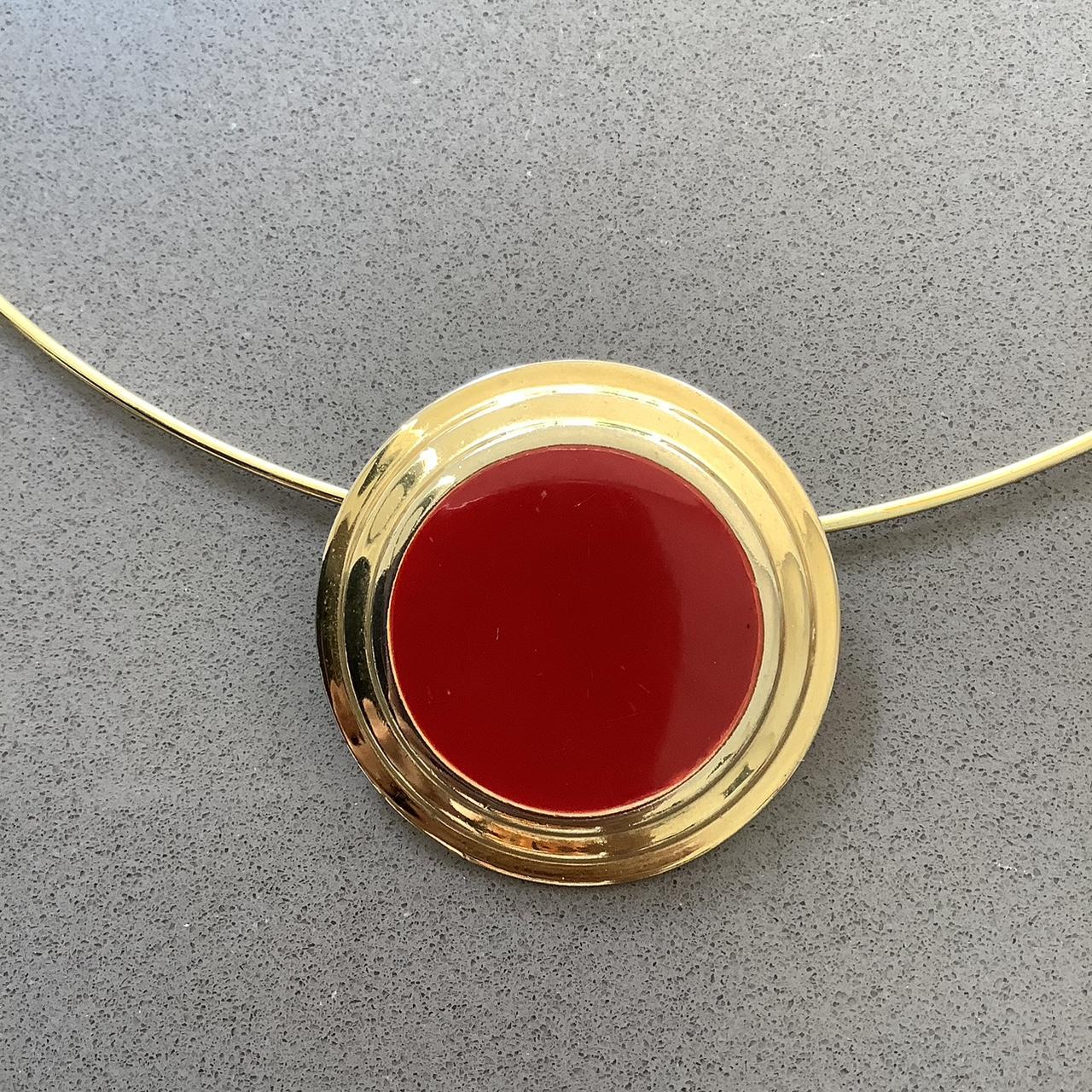 Vintage retro gold tone red enamel round floating... - Depop