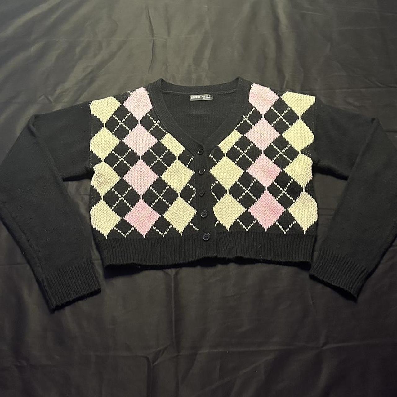 Shein size M argyle cropped black pink and cream... - Depop