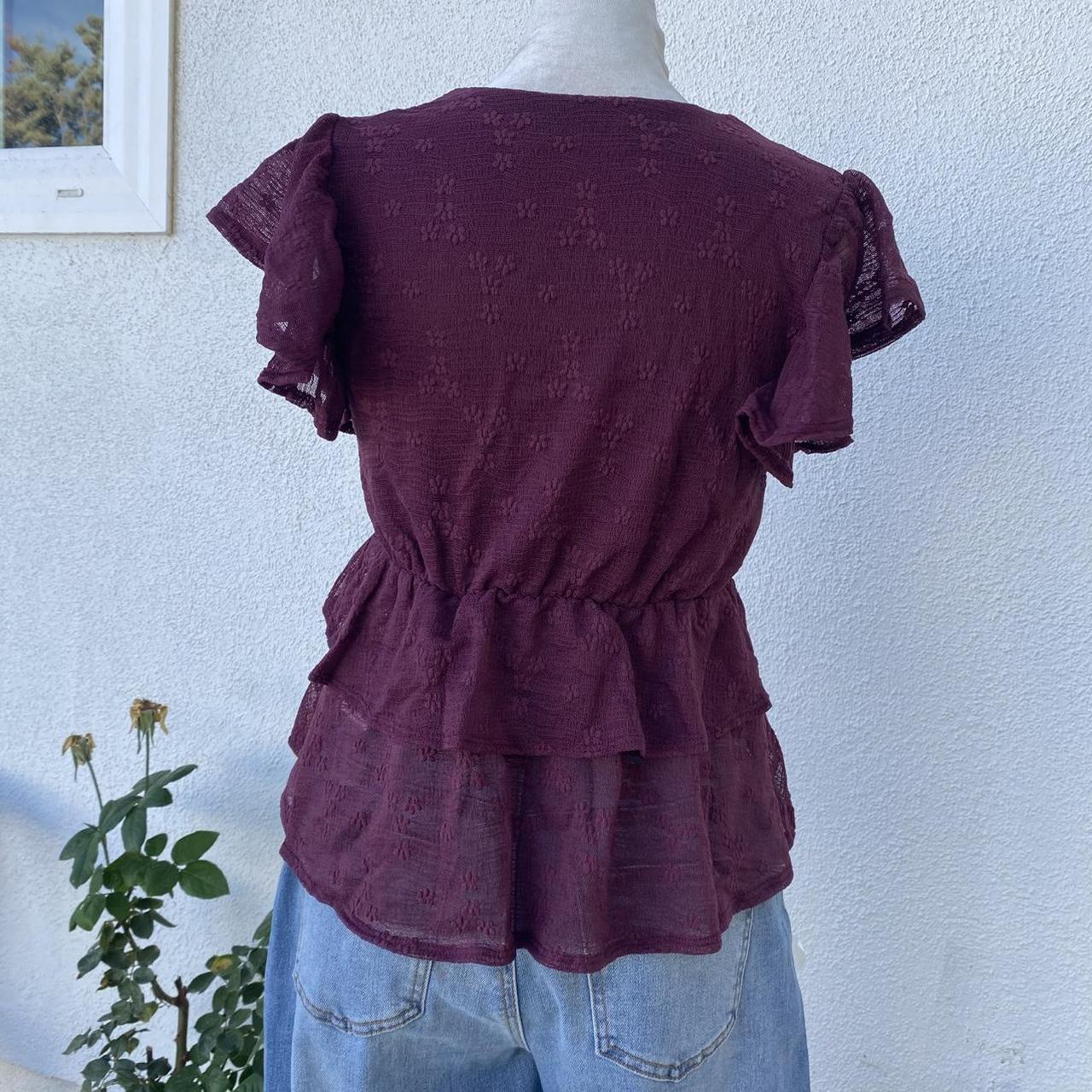 Burgundy sheer blouse with ruffle tie front and V... | Depop