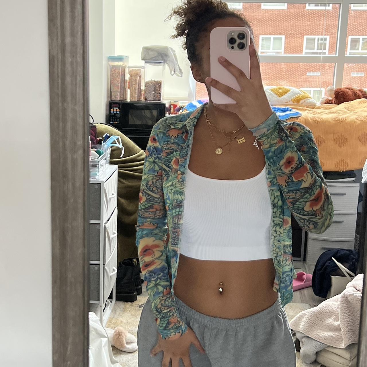 ~long sleeve colorful print mesh button up top ~size... - Depop