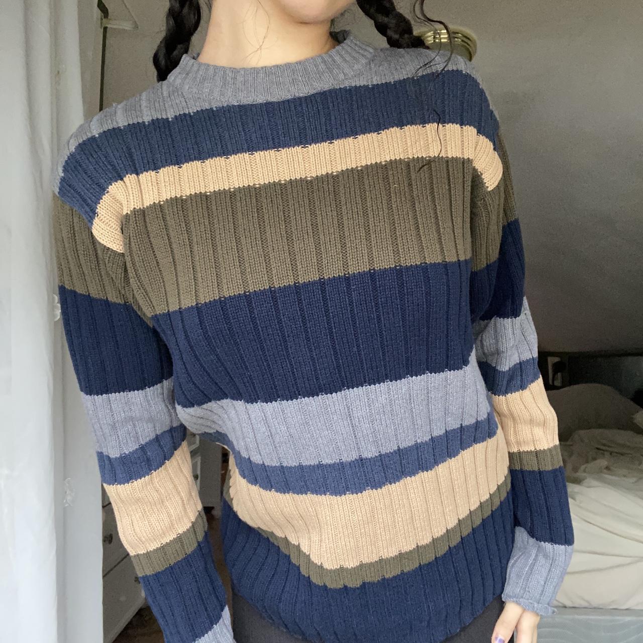 cozy earth tones striped sweater, perfect for the... - Depop