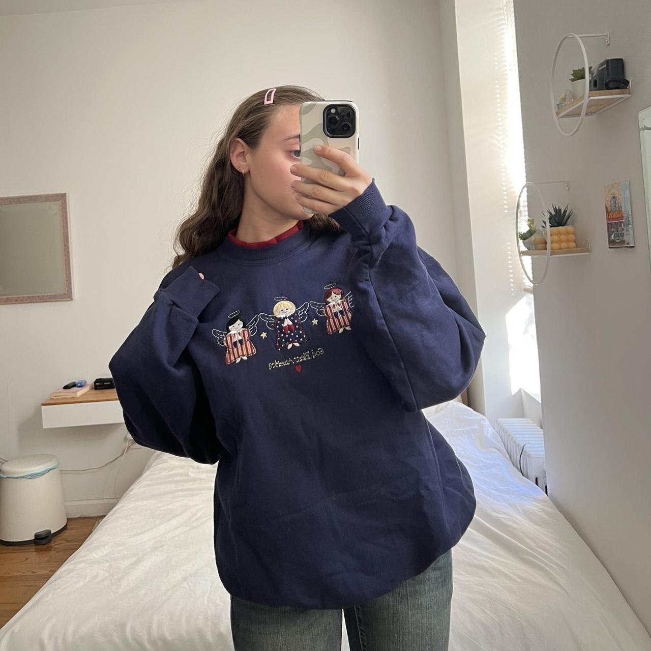 Morning Sun Women's Navy and Red Sweatshirt | Depop