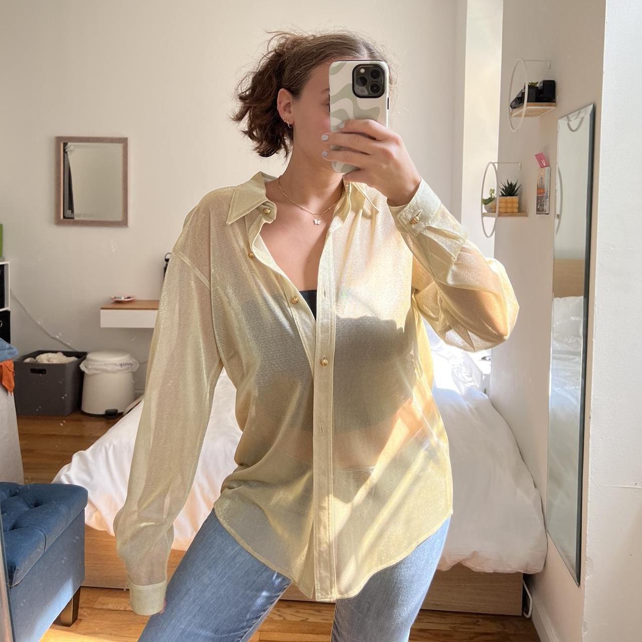 90’s oversized vintage mesh golden button up top!... - Depop