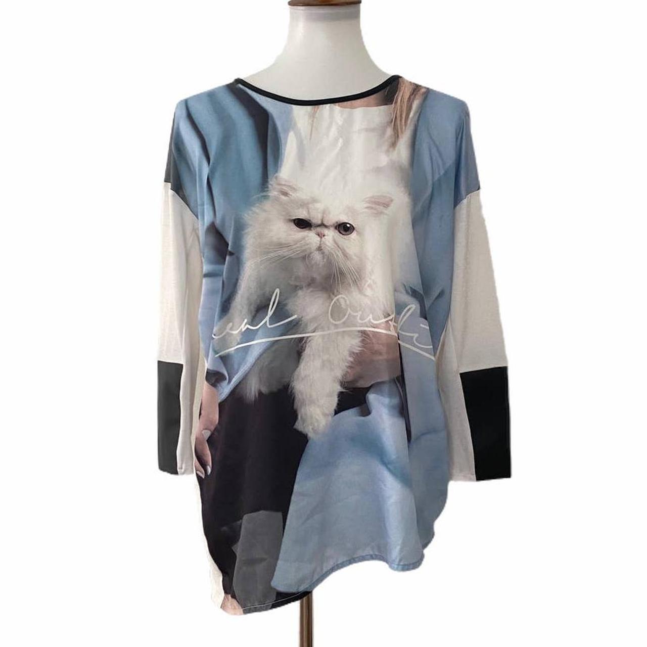 Zara Womens Cat Shirt Long Sleeve Pullover White S... - Depop