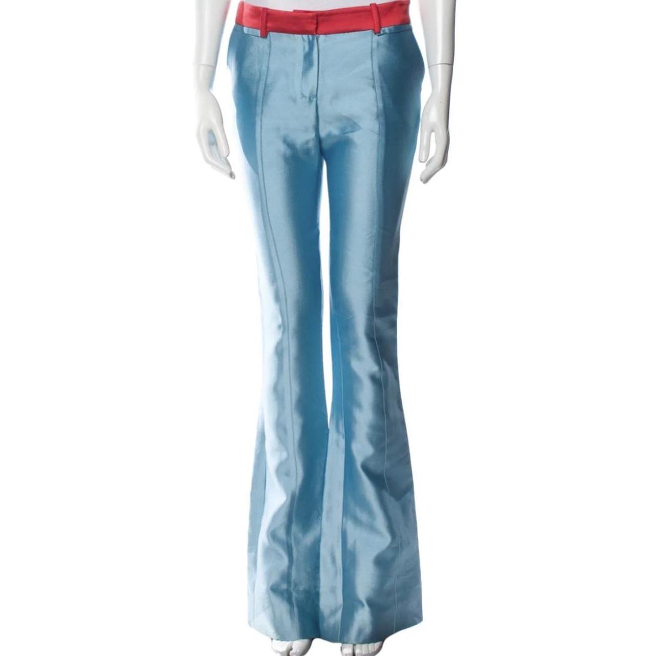 Super cute blue shiny silk/satin look pants with red... | Depop