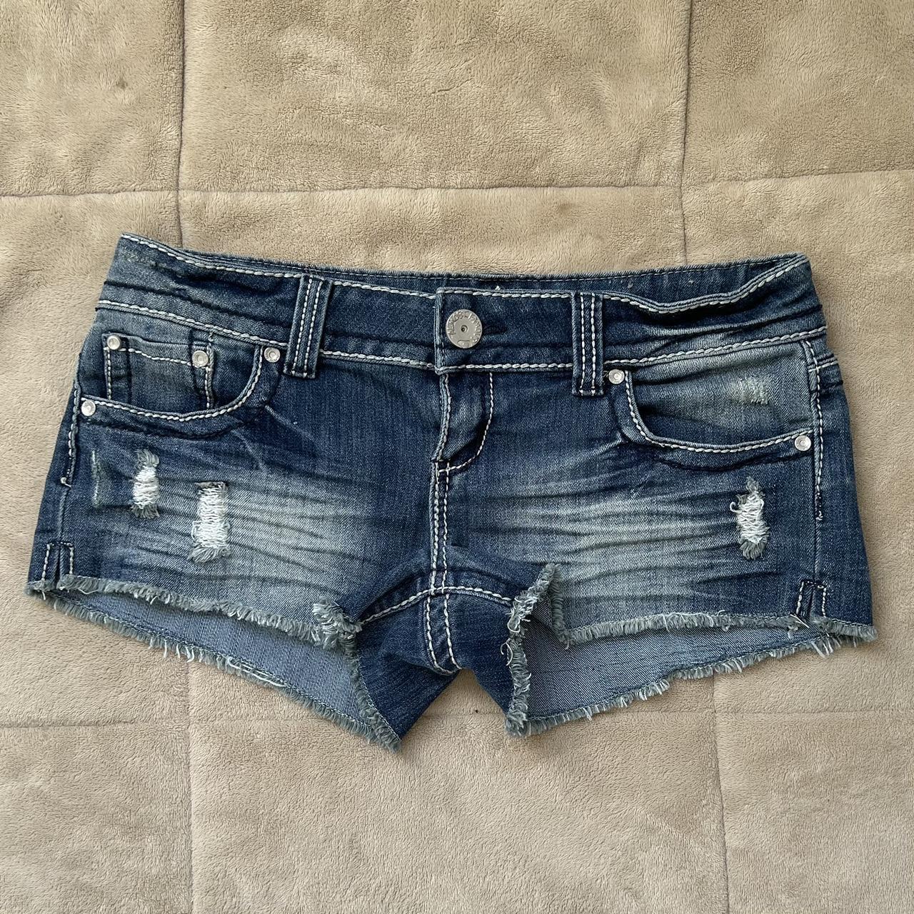 Cyber Y2K 2000s Low Rise Denim Mini Shorts With... - Depop
