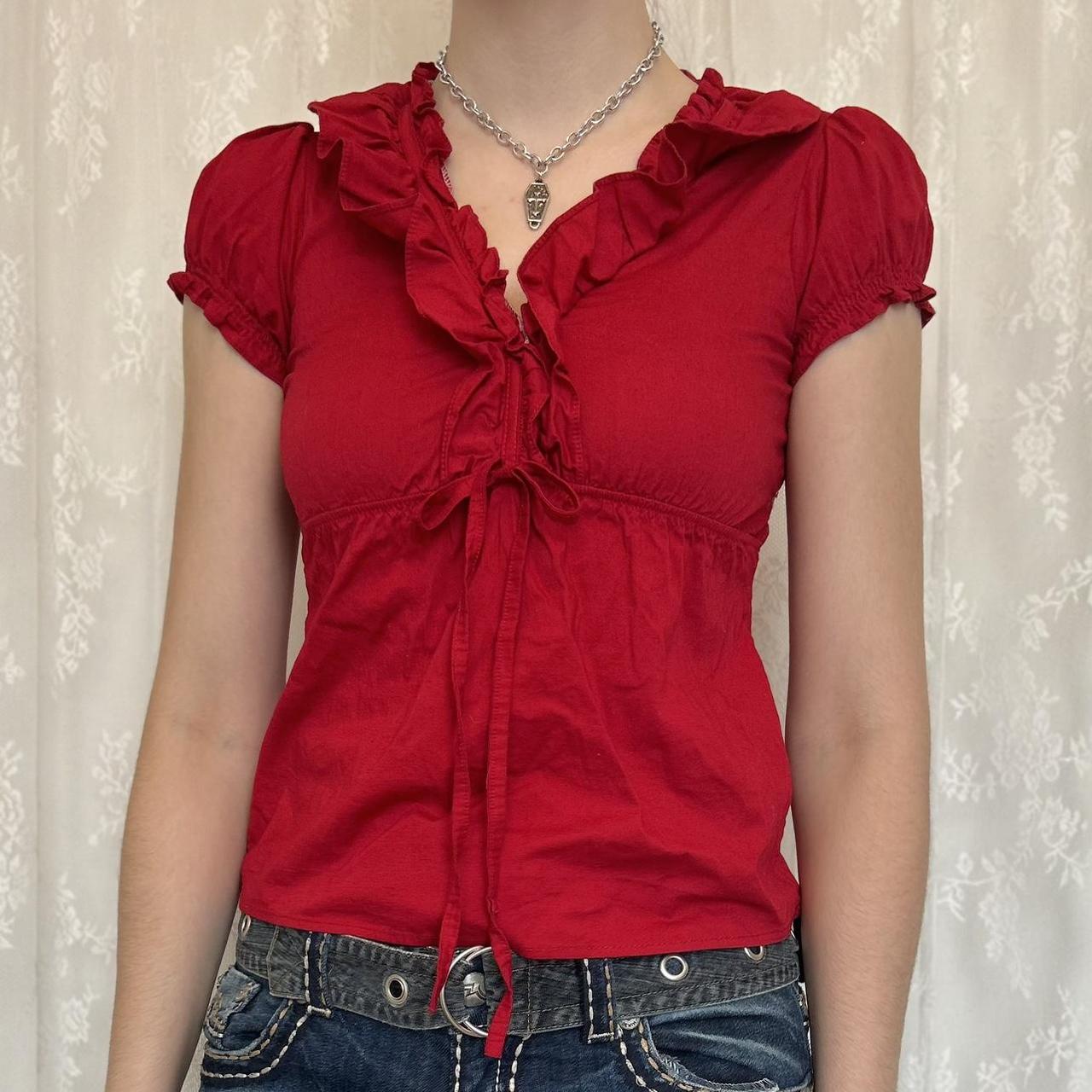 2000s Ruby Red Preppy Y2K Vampy Vampire Blouse... - Depop
