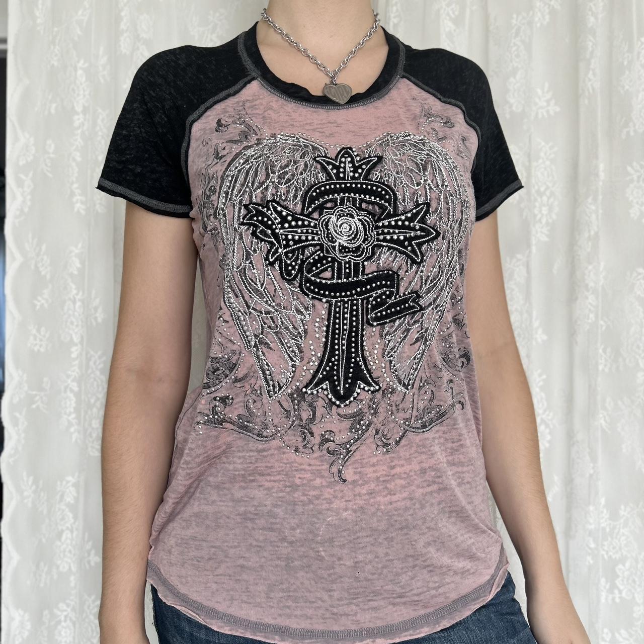 Cyber Y2K Grunge Graphic Tee With Cross & Wings... - Depop