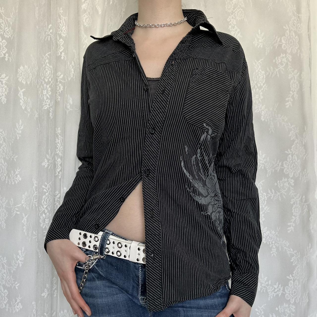 Cyber Y2K Black Pinstripe Button Up Shirt The... - Depop