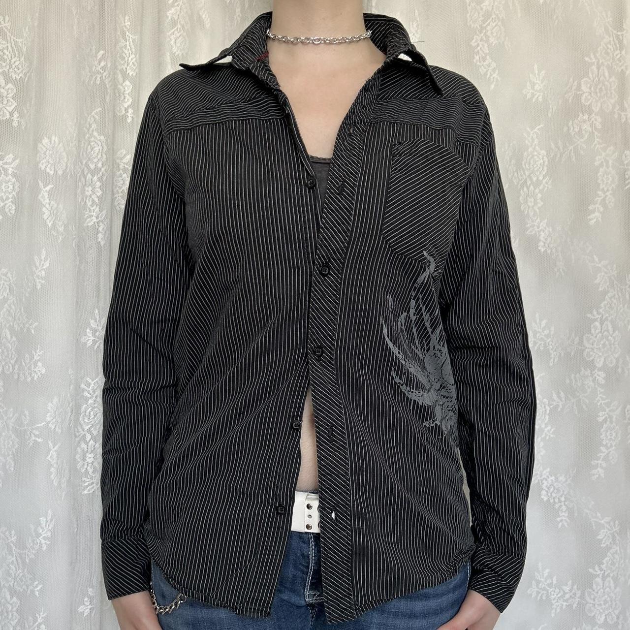 Cyber Y2K Black Pinstripe Button Up Shirt The... - Depop