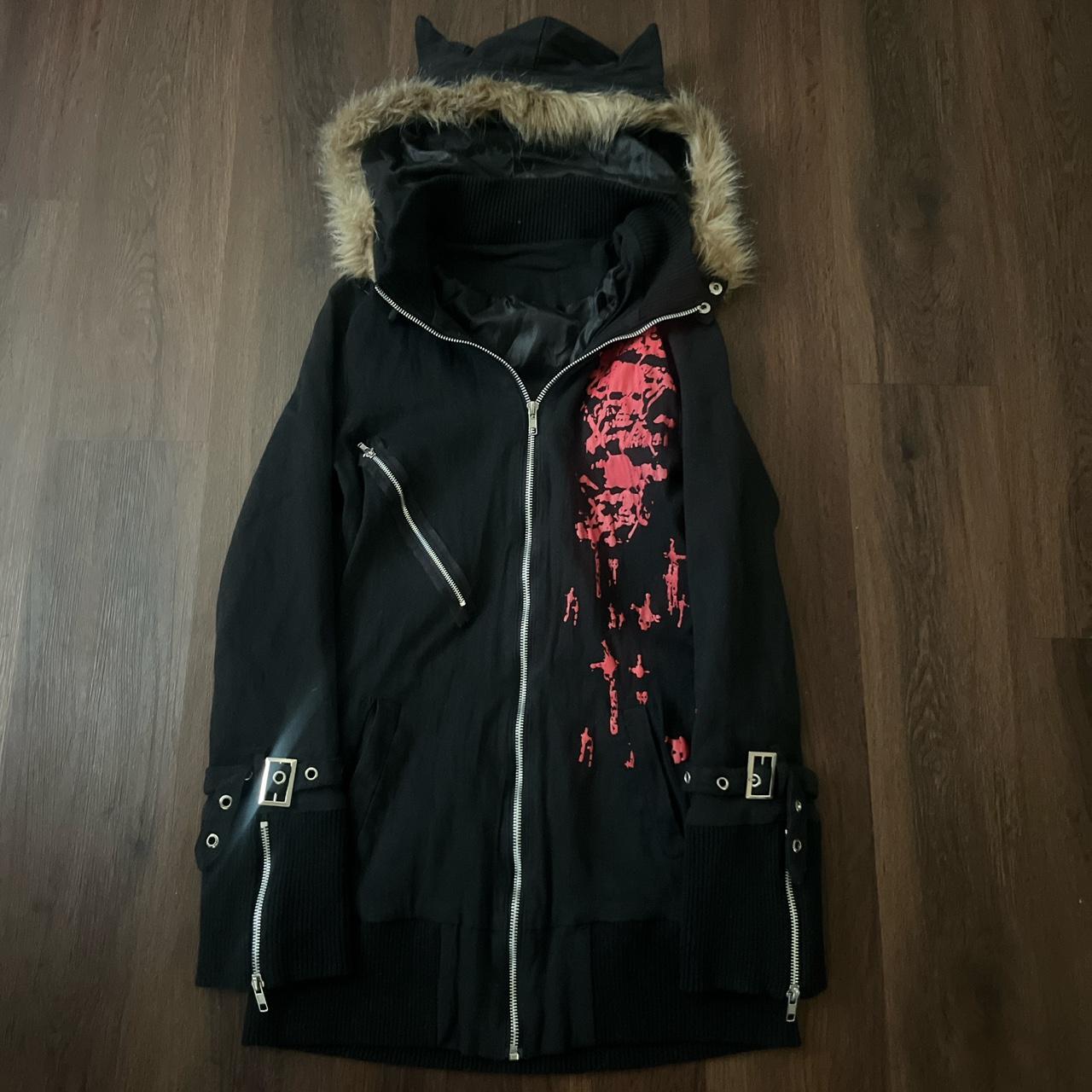 bloodied and furry cat ear punk rave bondage parka... - Depop