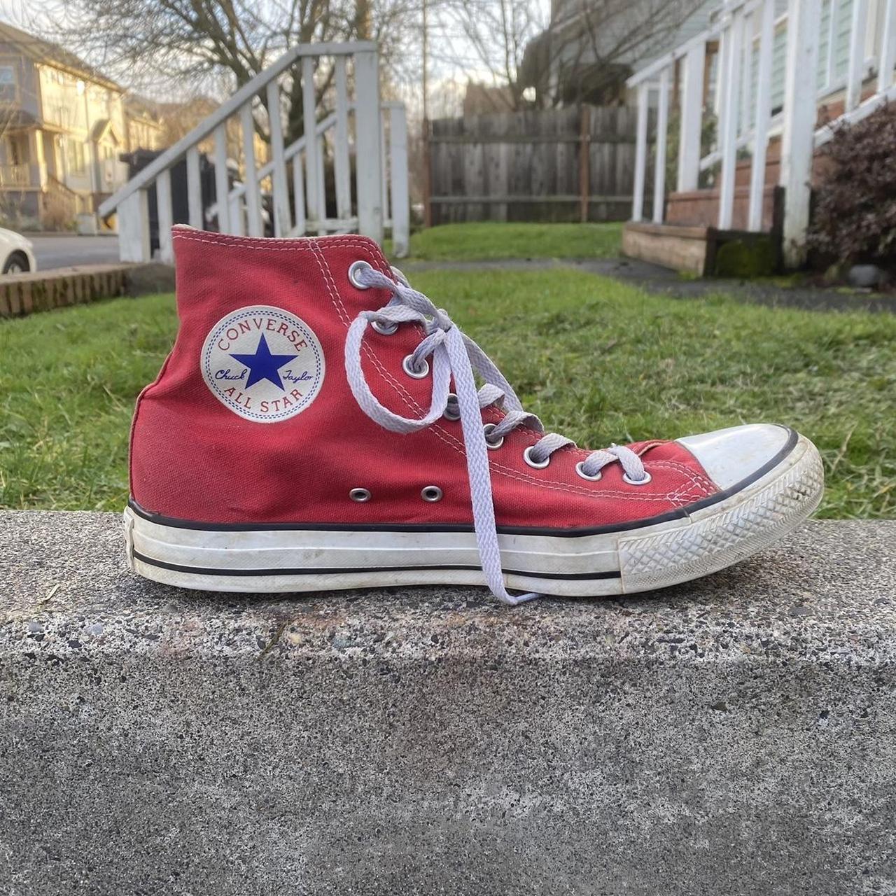 Amazing pair of red hightop Converse! These are an... - Depop