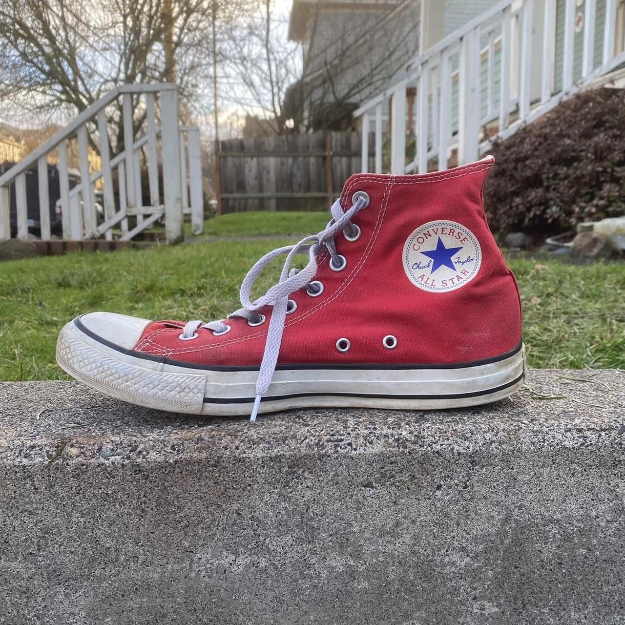 Amazing pair of red hightop Converse! These are an... - Depop
