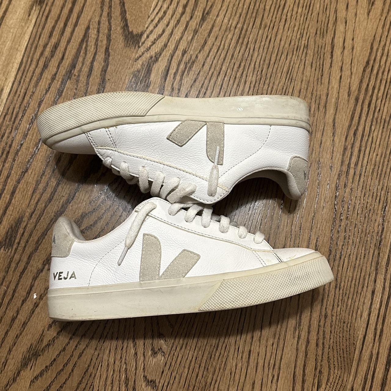 white and grey Veja sneakers gently worn, great... - Depop