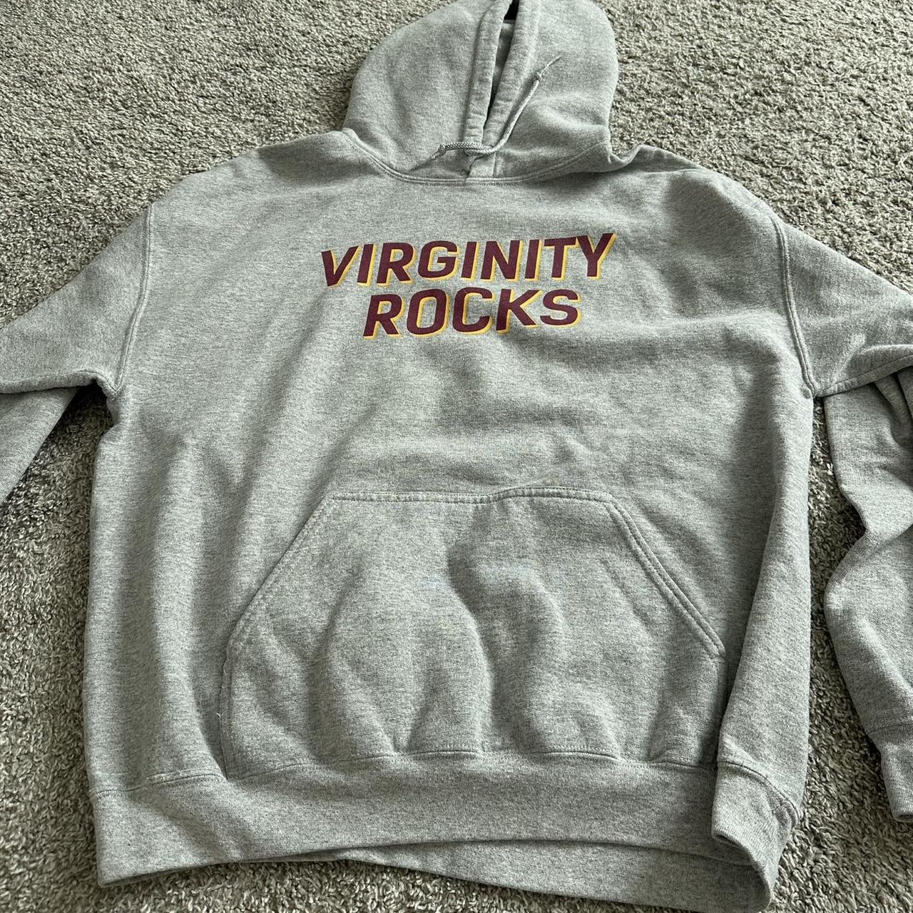Grey and orange Virginity Rocks hoodie... - Depop