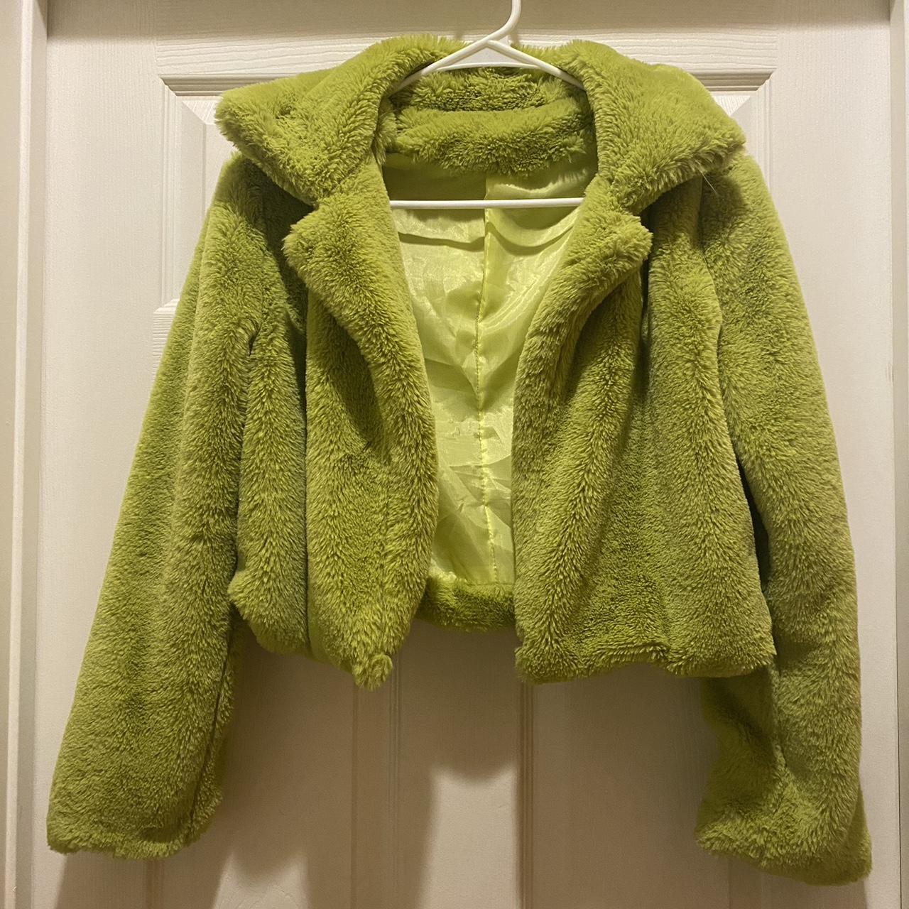 green fuzzy faux fur crop jacket! super soft and... - Depop