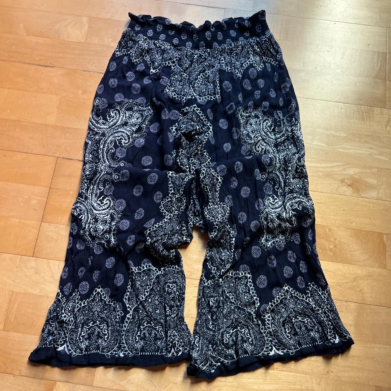 Patrons of peace navy blue and white boho flare... | Depop