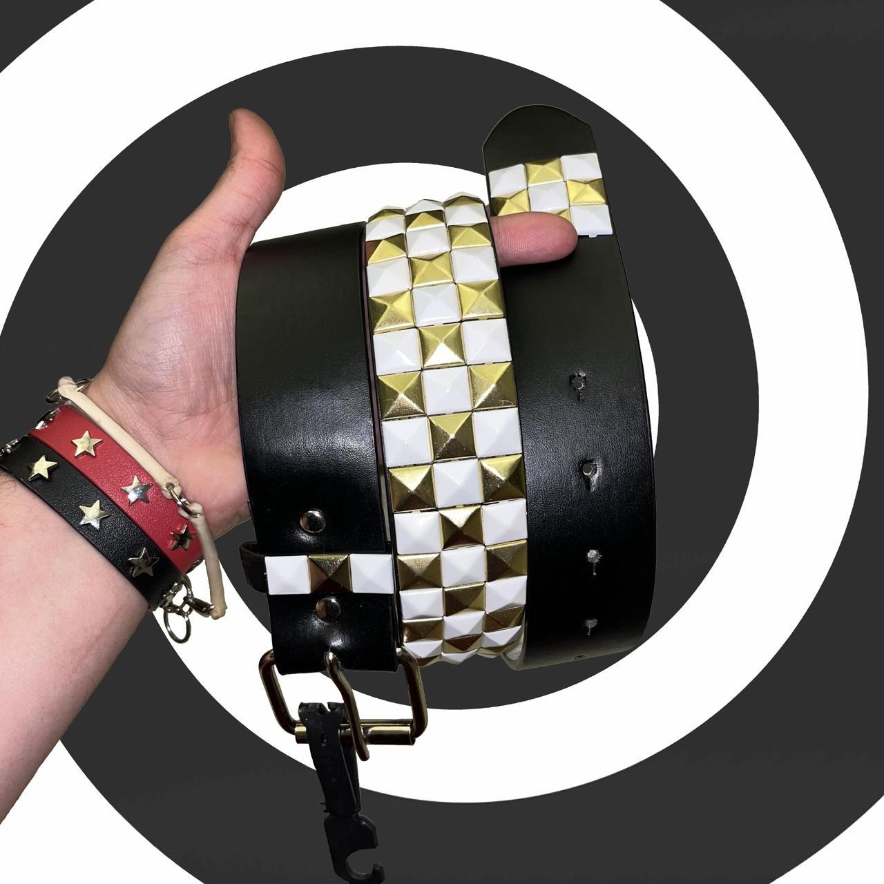 Scenecore White and Gold Checkered Pyramid Belt... - Depop