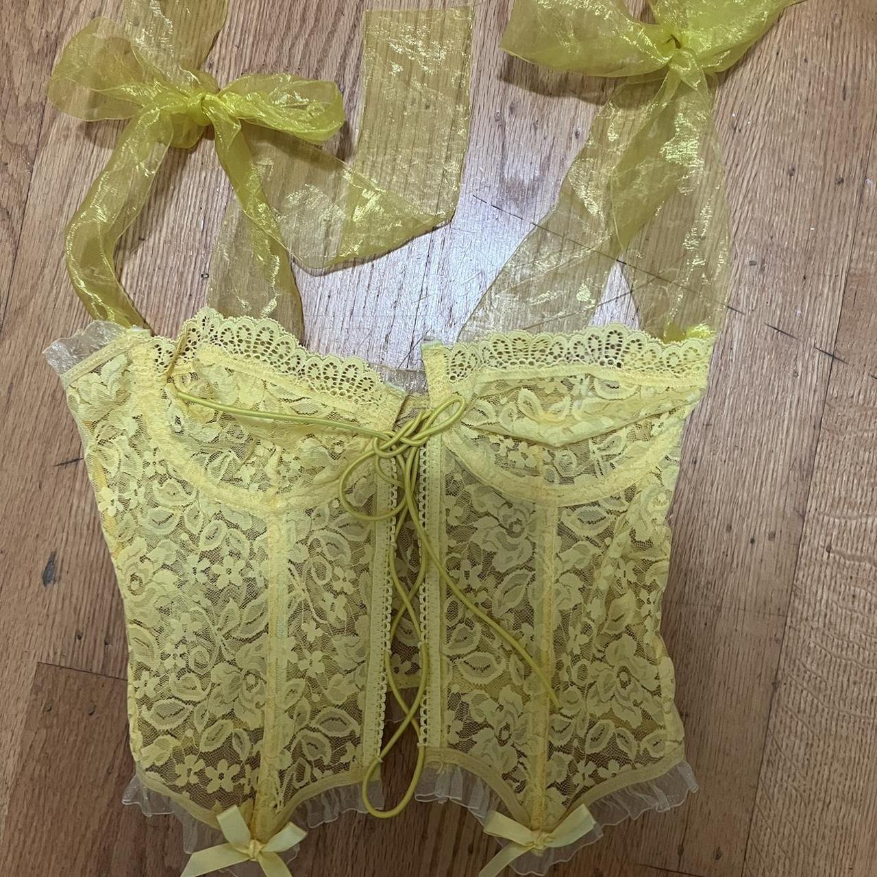 gorgeous yellow lace corset top with ribbon... - Depop