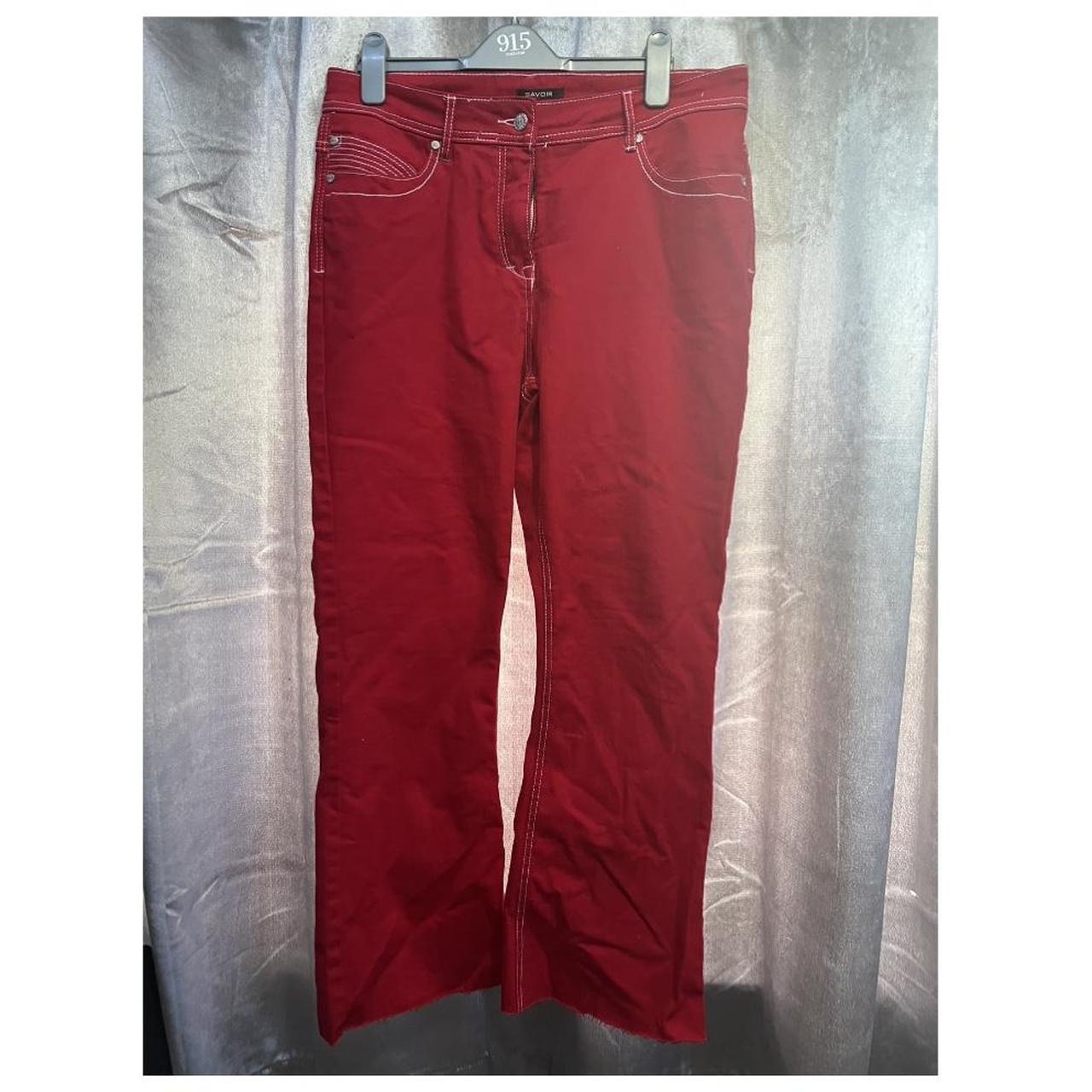 RED FLARE JEANS WITH WHIRE STITCHING. 14 #flares... - Depop