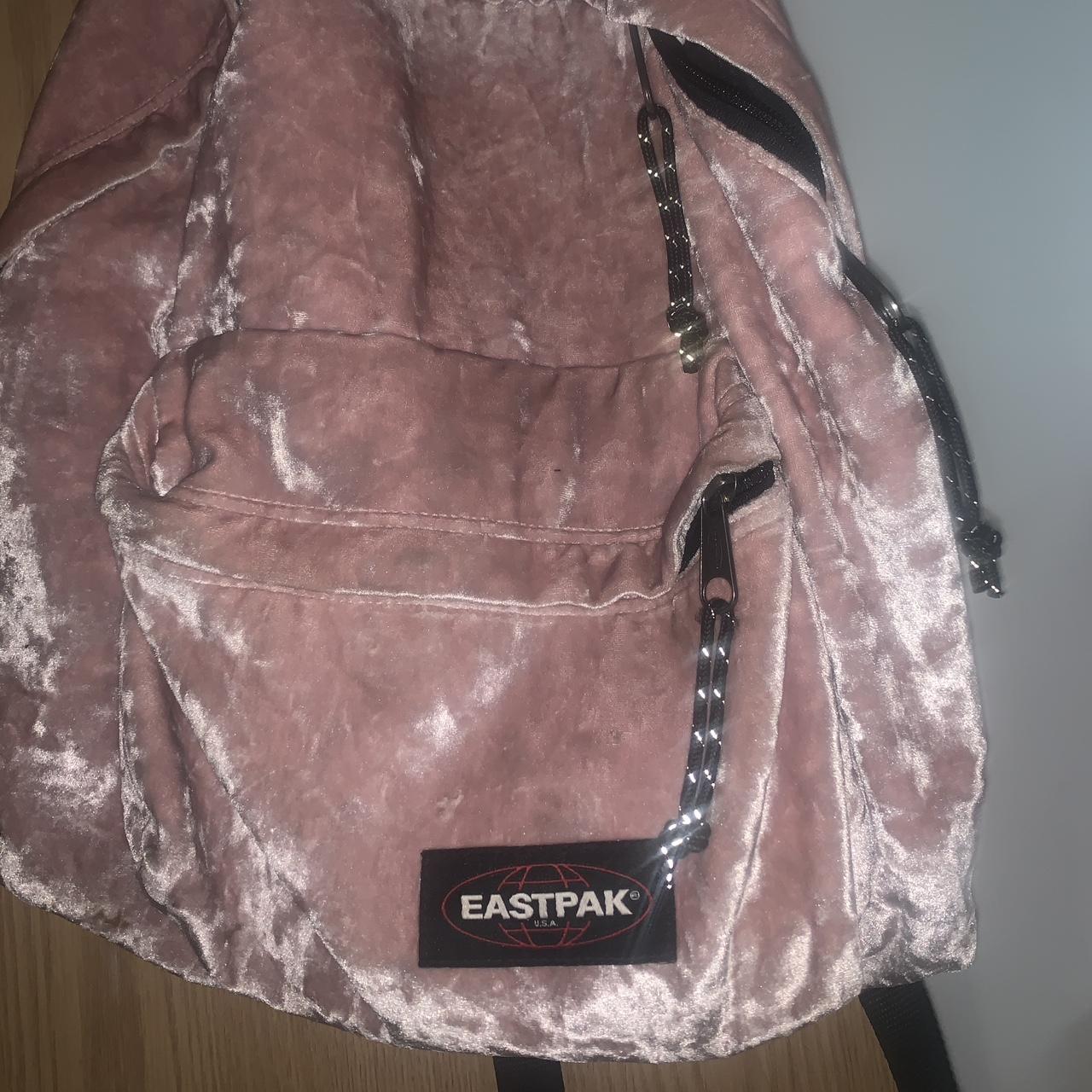 Pink velvet Eastpak backpack with black detailing.... - Depop