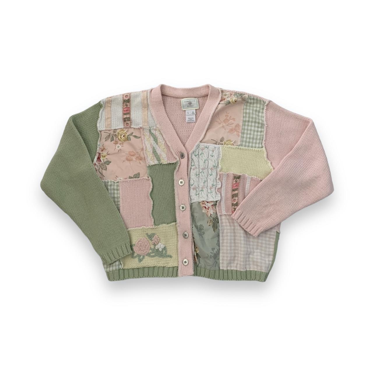 Patchwork Cottagecore Sage Green & pastel pink knit... - Depop