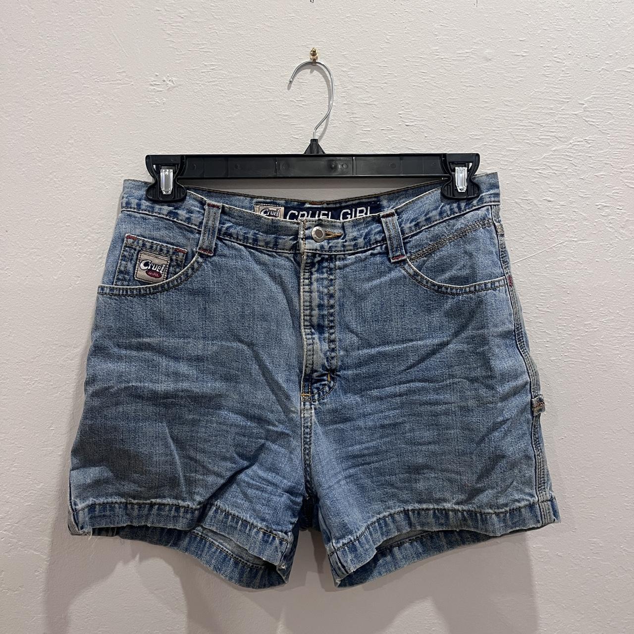 Cruel Girl denim shorts. Bit of a rise. Red stitch... - Depop