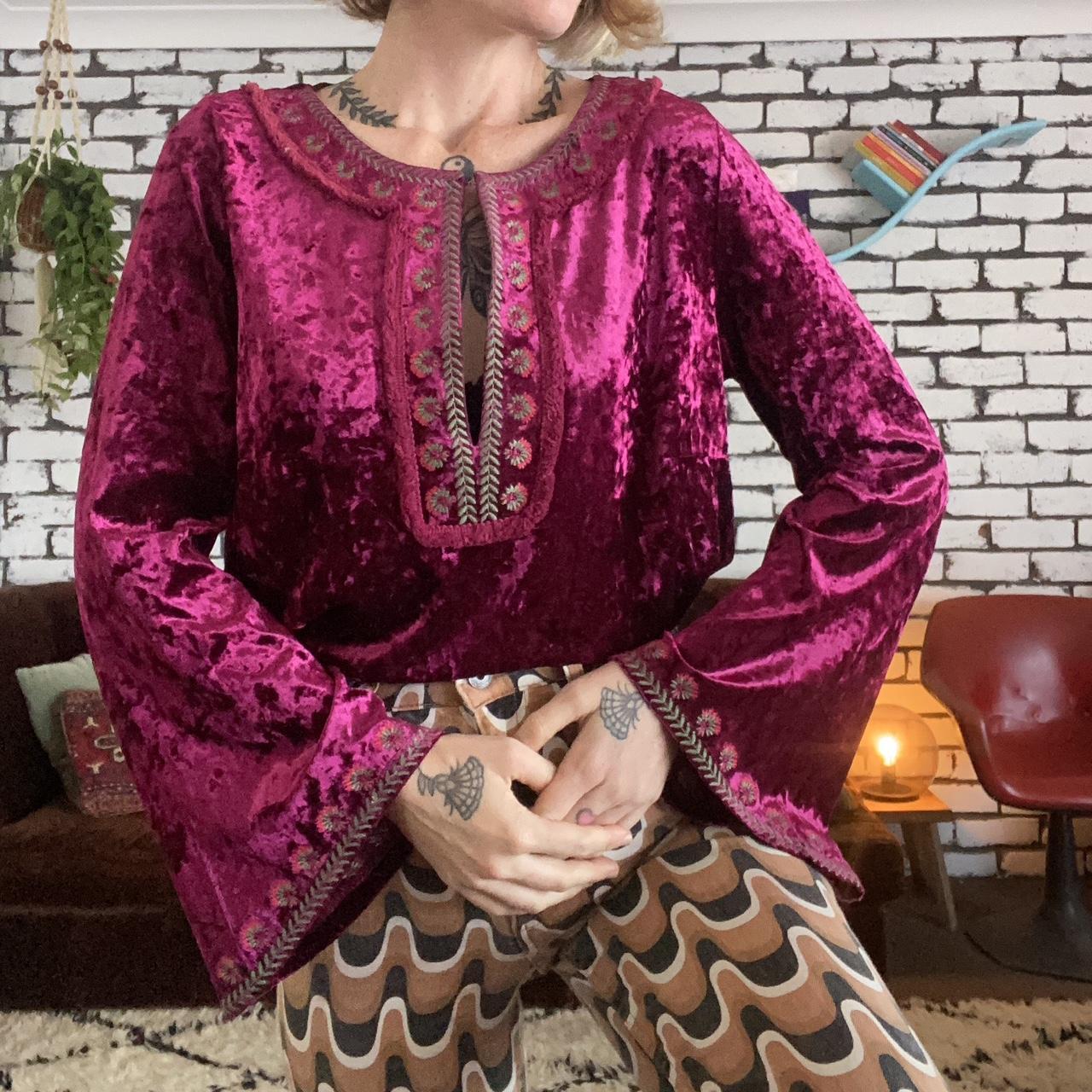 Velvet embroidered top with bell sleeves Size M... - Depop