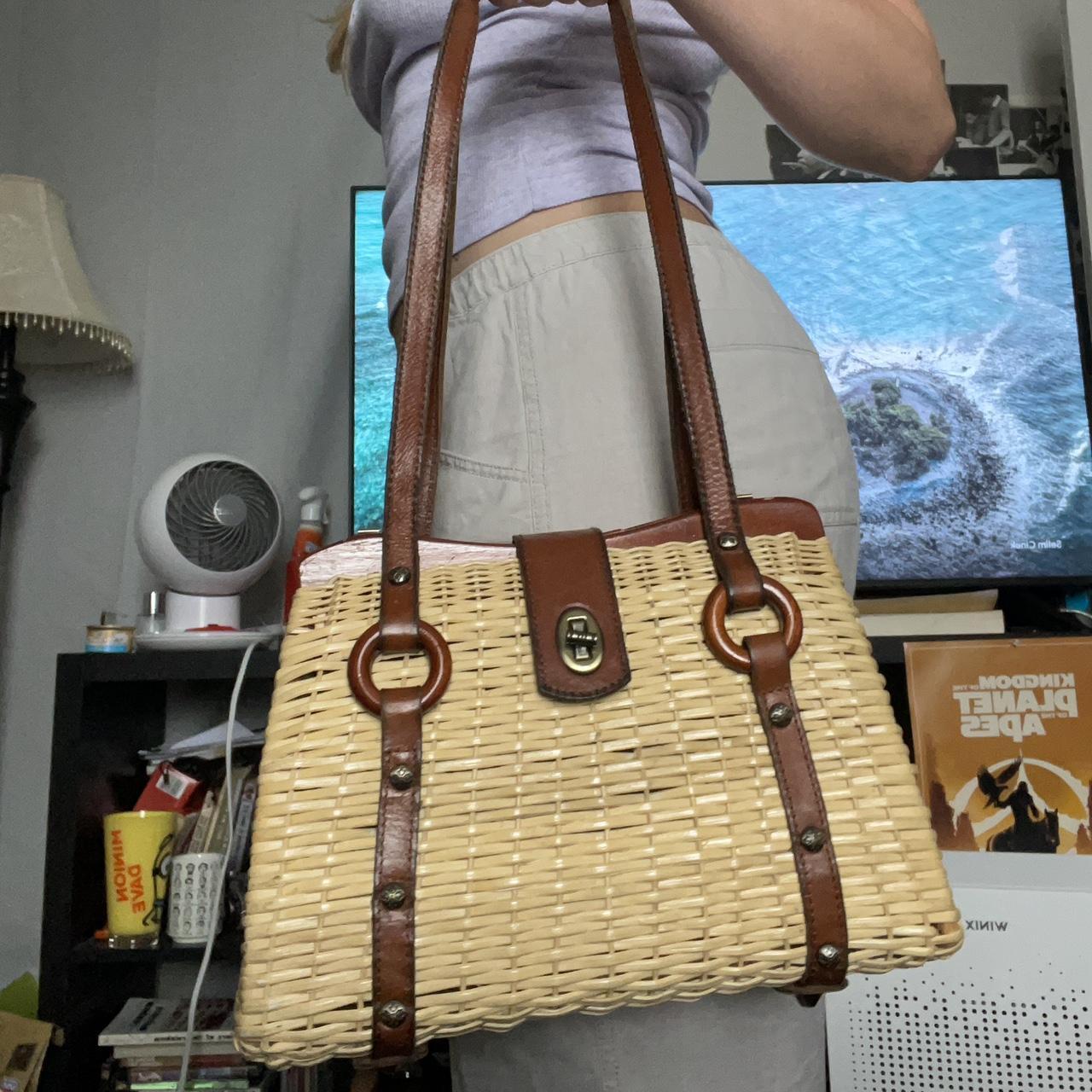 Tan and cream wicker bag with leather accents... | Depop