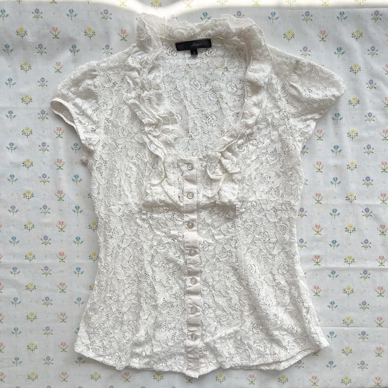 2000s White lace cap sleeve blouse Ruffle detail... - Depop